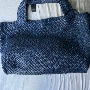 Falor | Bags | Falor Italy Leather Woven Tote With Pouch Navy Blue ...